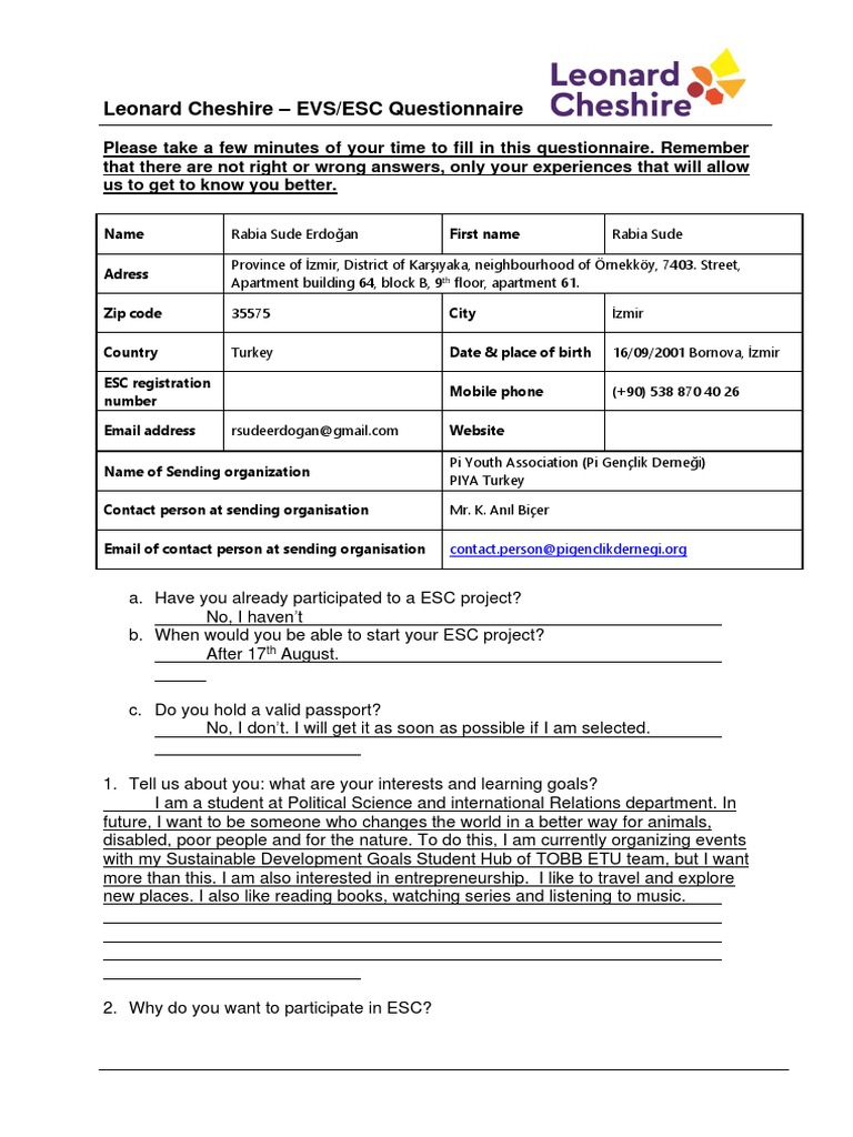 Leonard Cheshire - EVS/ESC Questionnaire | PDF | Human Nature