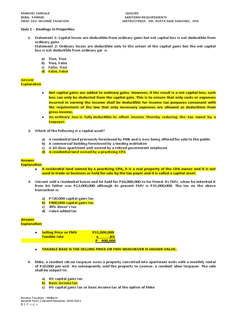 Quizzes - Miidter Module - Income Taxation | PDF | Capital Gains Tax ...