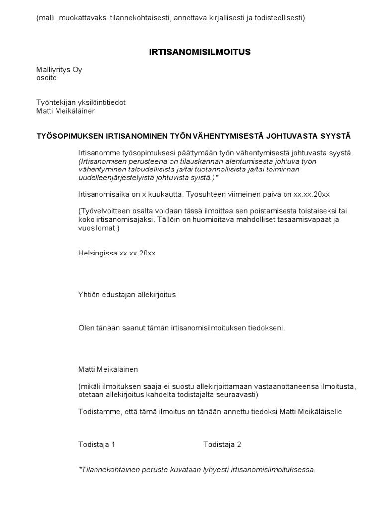 Malli Irtisanomisilmoitus Tal Tuot | PDF