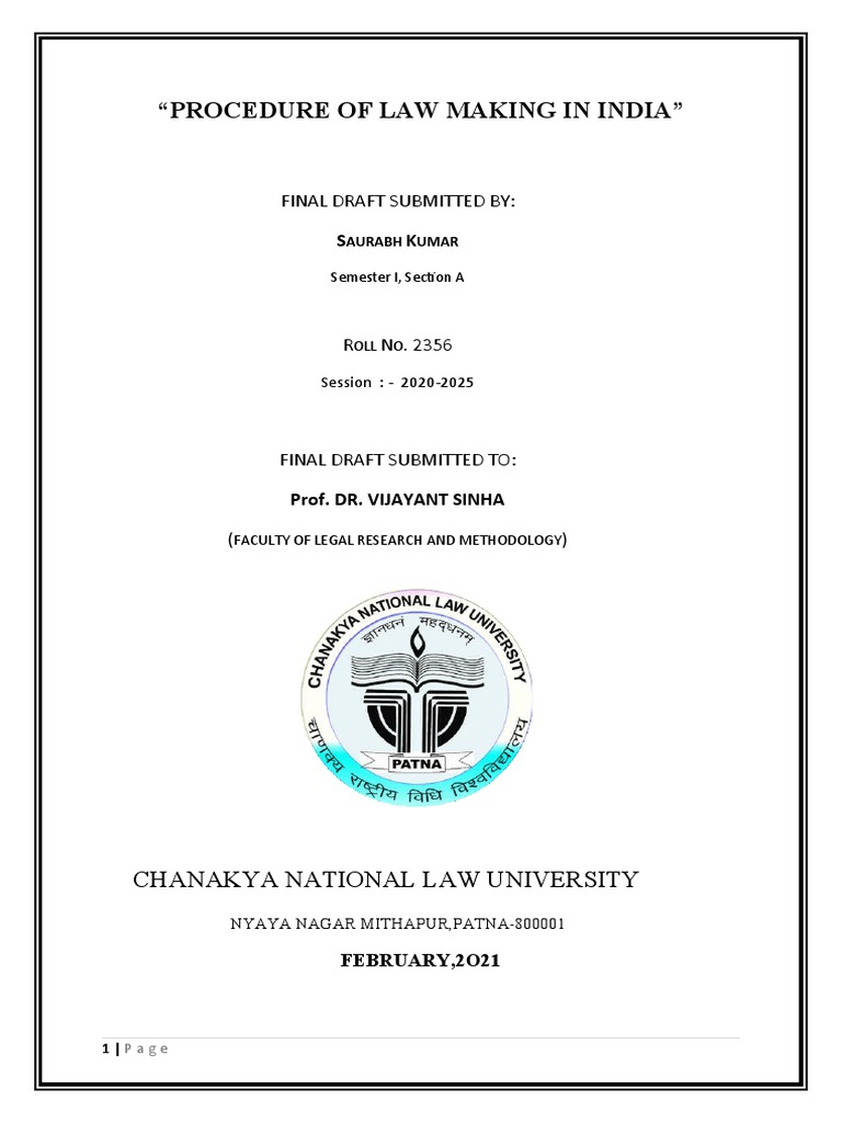 "Procedure of Law Making in India": Chanakya National Law University ...