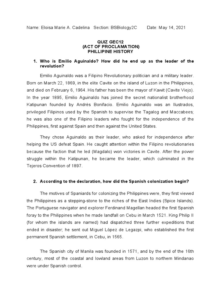 Quiz Gec12 (Act of Proclamation) Phillipine History 1. Who Is Emilio ...