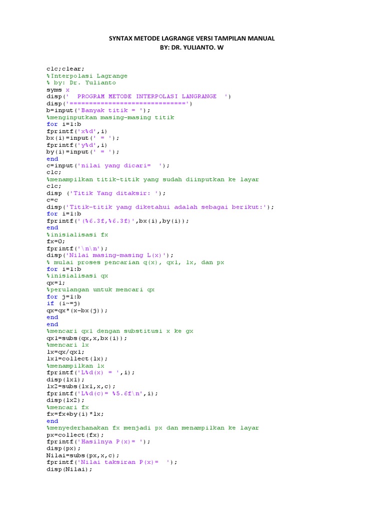 Syntax Interpolasi Lagrange Versi 2 | PDF