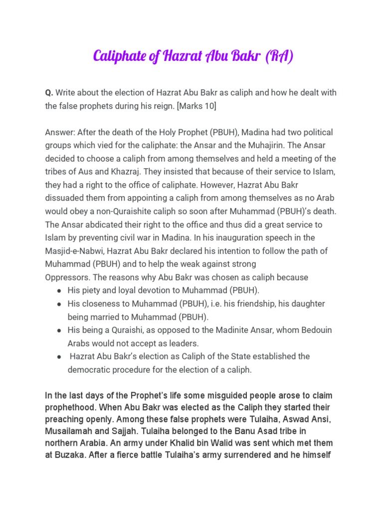 Caliphate of Hazrat Abu Bakr | PDF | Caliphate | Arabs