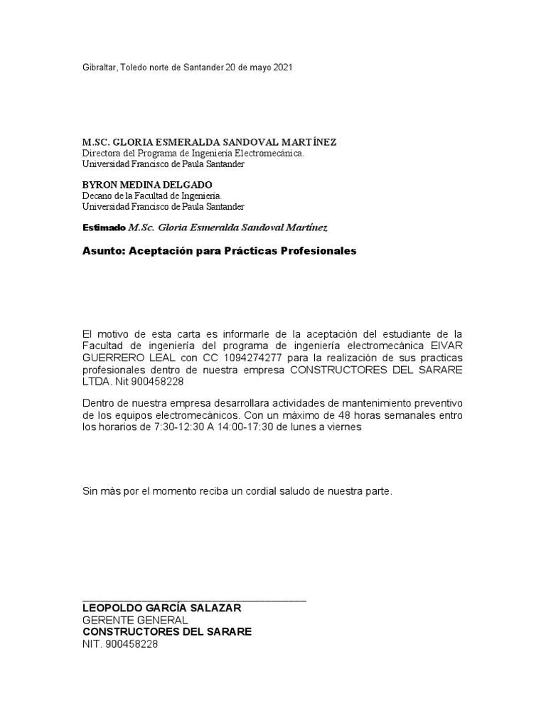 Carta de Aceptacion Practicas Profesionales Tihsa | PDF