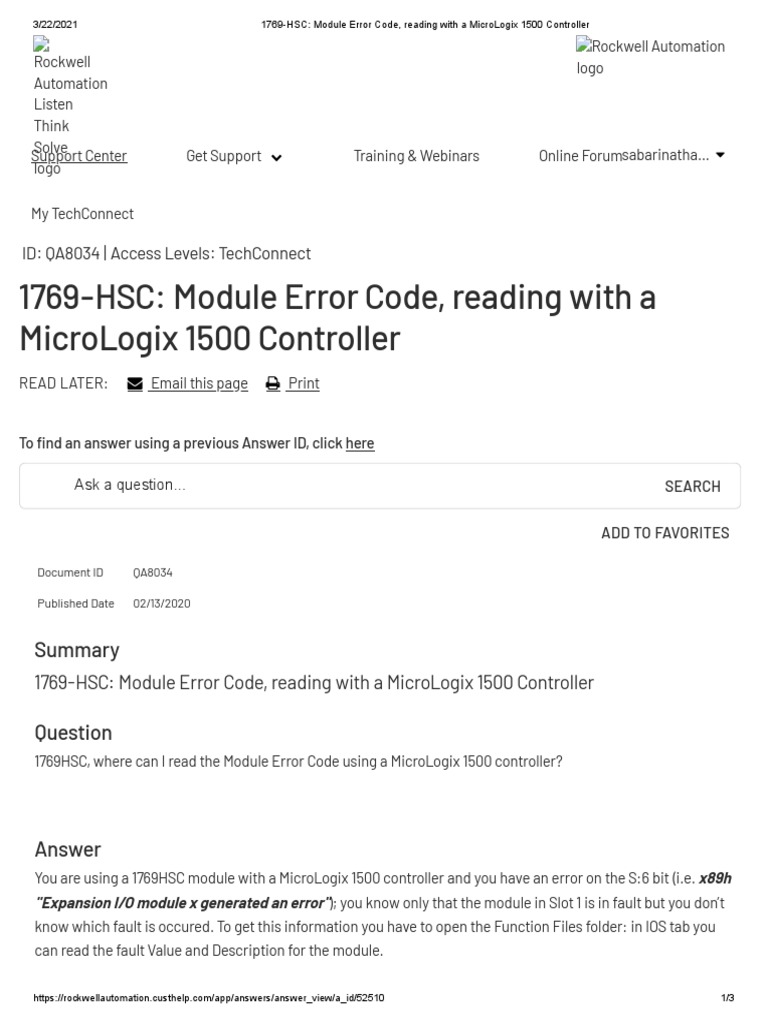 1769 HSC Module Error Code Reading With A MicroLogix 1500 Controller