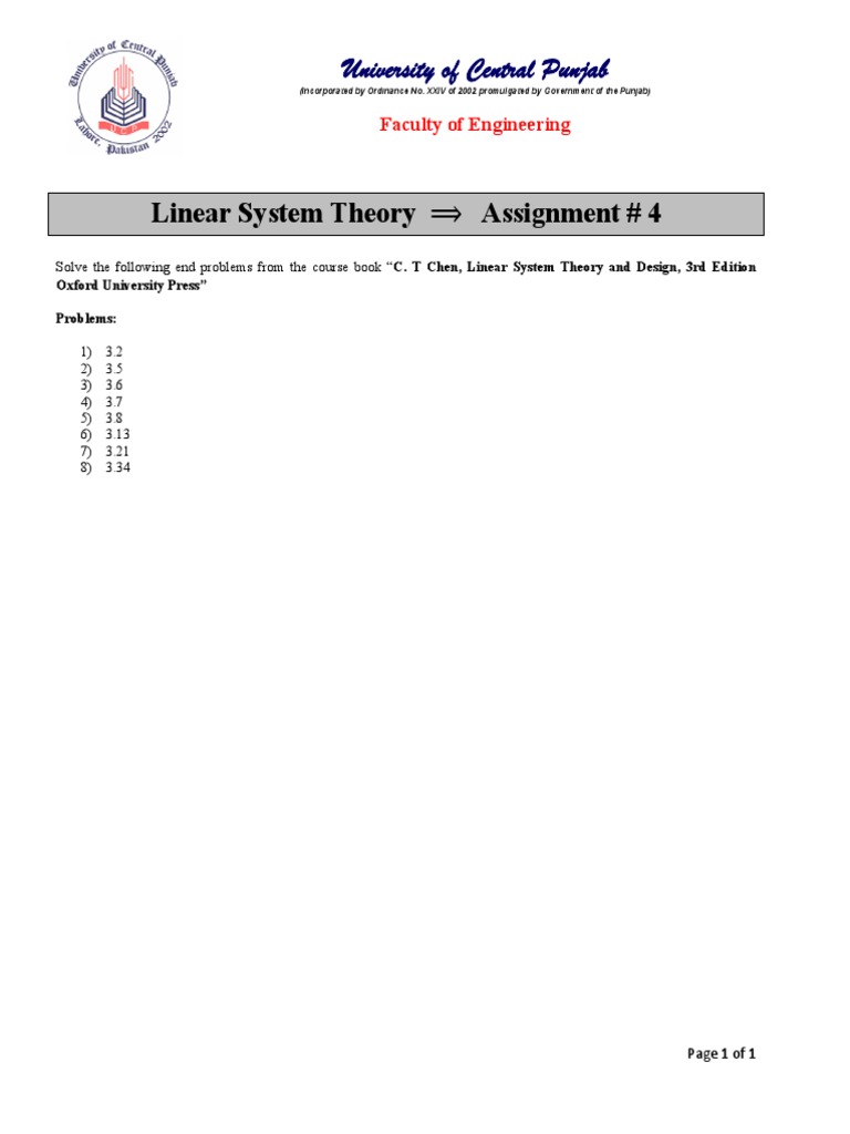 Linear System Theory Assignment # 4: University of Central Punjab | PDF