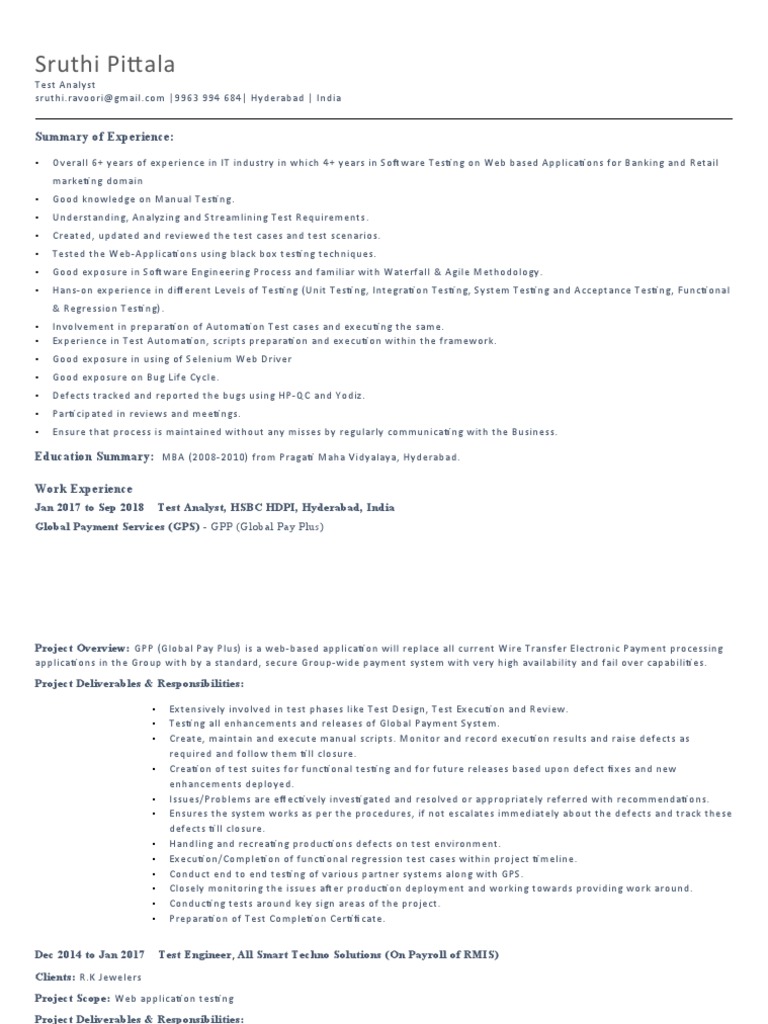 Test Analyst Profile - Sruthi Pittala | PDF | Information Technology ...