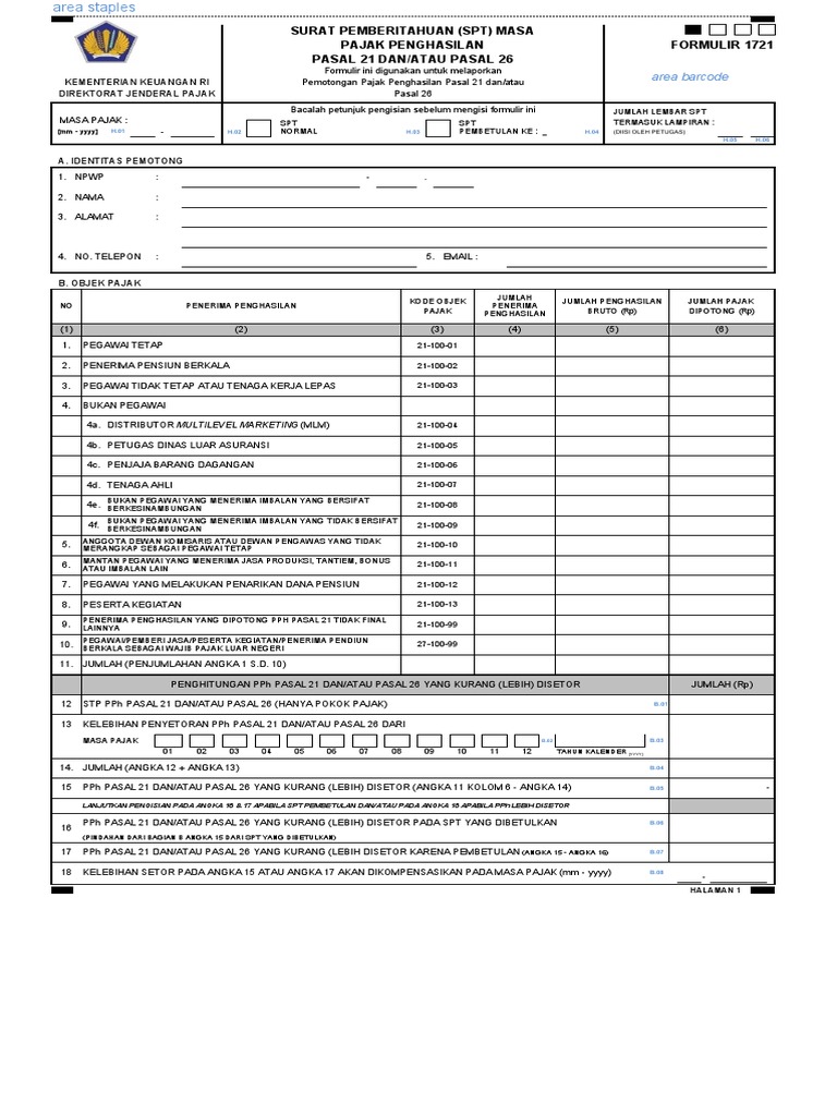 FORM PPH PASAL 21 SPT Induk 1721 I 1721 IV 1721 A1-3 | PDF