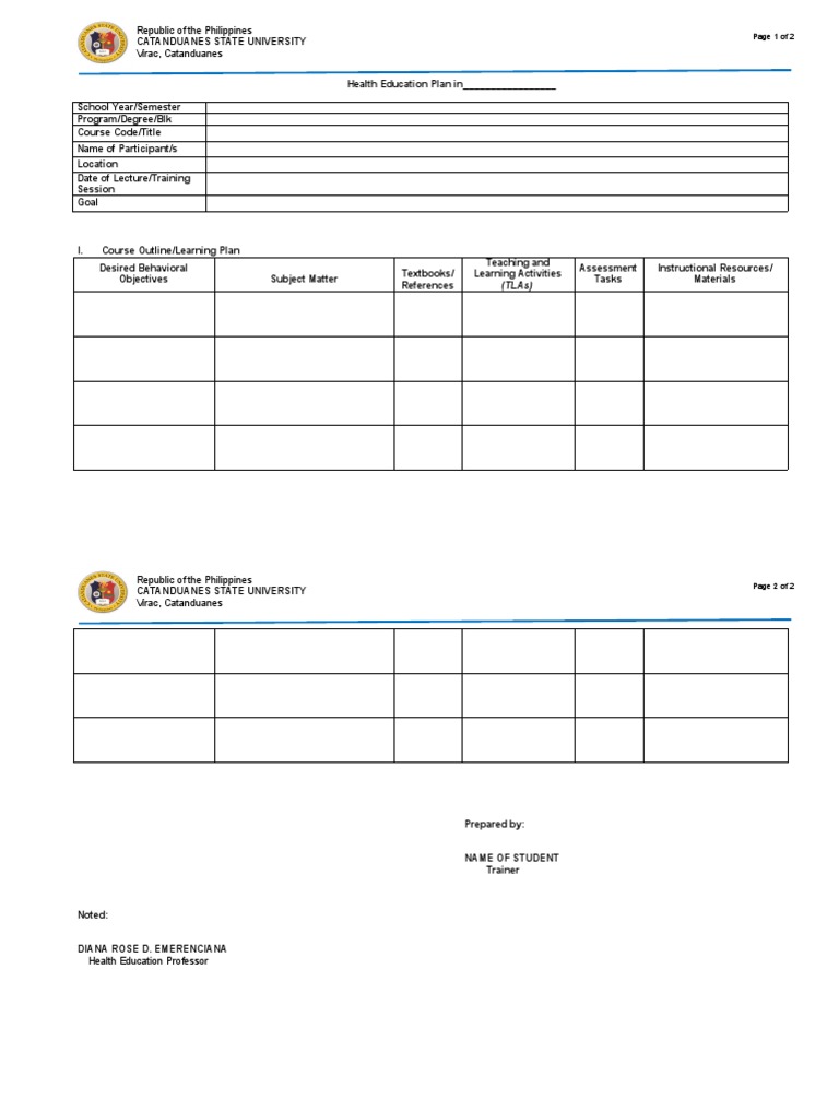Template in Health Education Plan | PDF