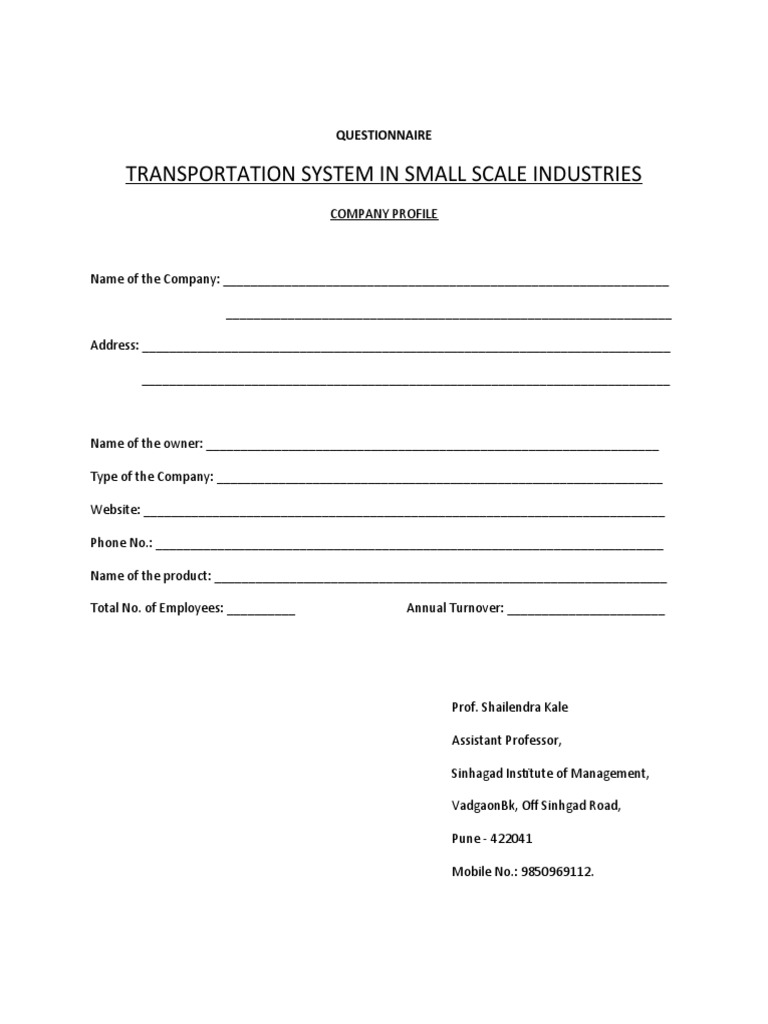 Transportation System in Small Scale Industries: Questionnaire | PDF ...