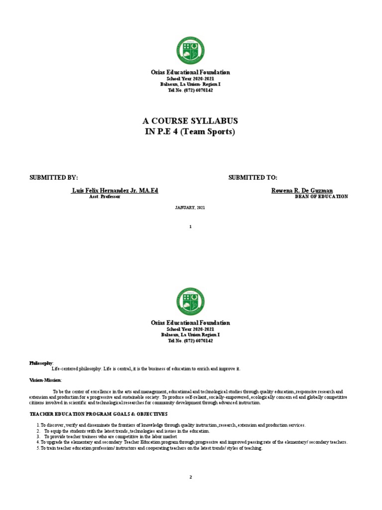 A Course Syllabus IN P.E 4 (Team Sports) : Osias Educational Foundation ...