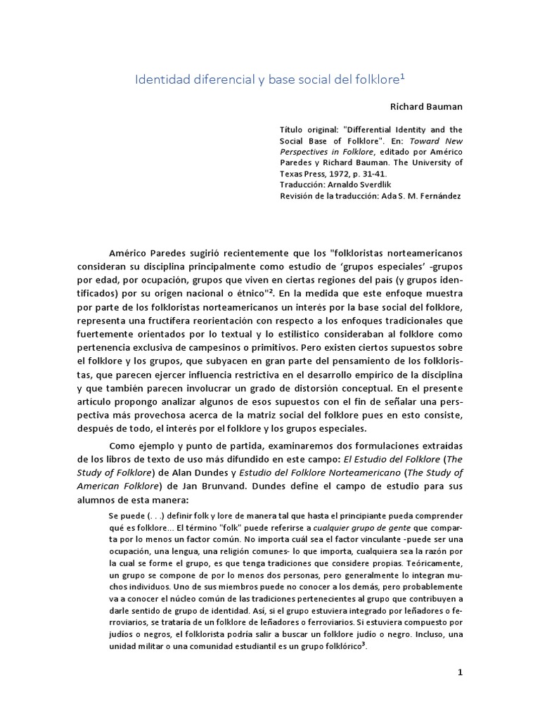 Richard Bauman - Identidad Diferencial y Base Social Del Folklore | PDF ...