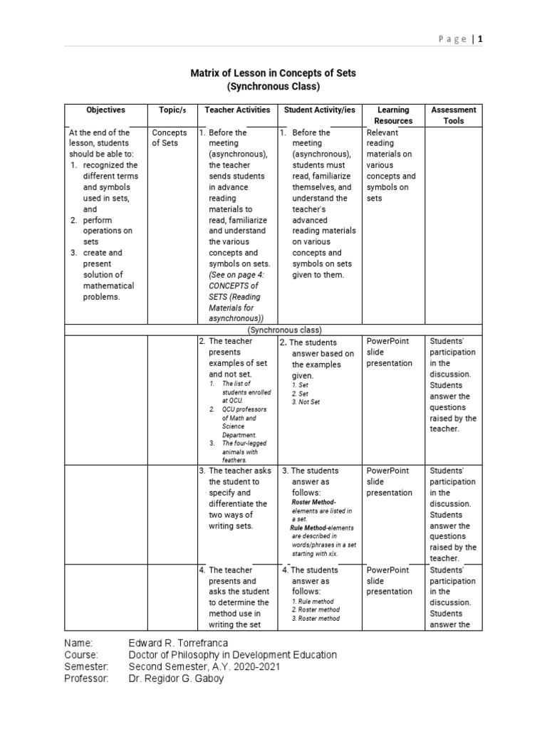 IV. Matrix of Lesson-Submitted | PDF | Set (Mathematics) | Logic
