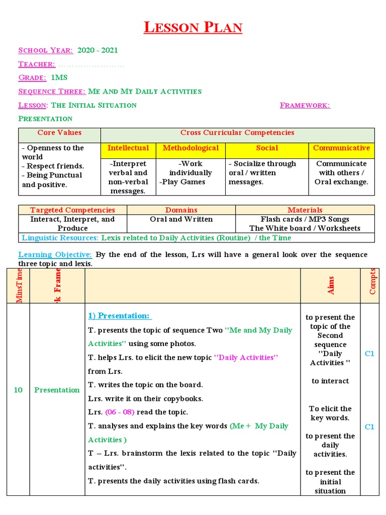 Sequence3-1MS Me and My Daily Activities | PDF | Nonverbal Communication | Lesson Plan