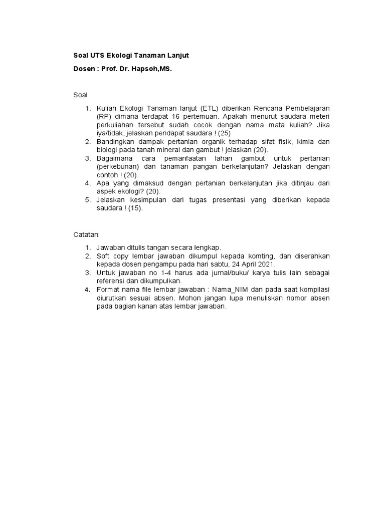 Soal UTS Ekologi Tanaman Lanjut | PDF