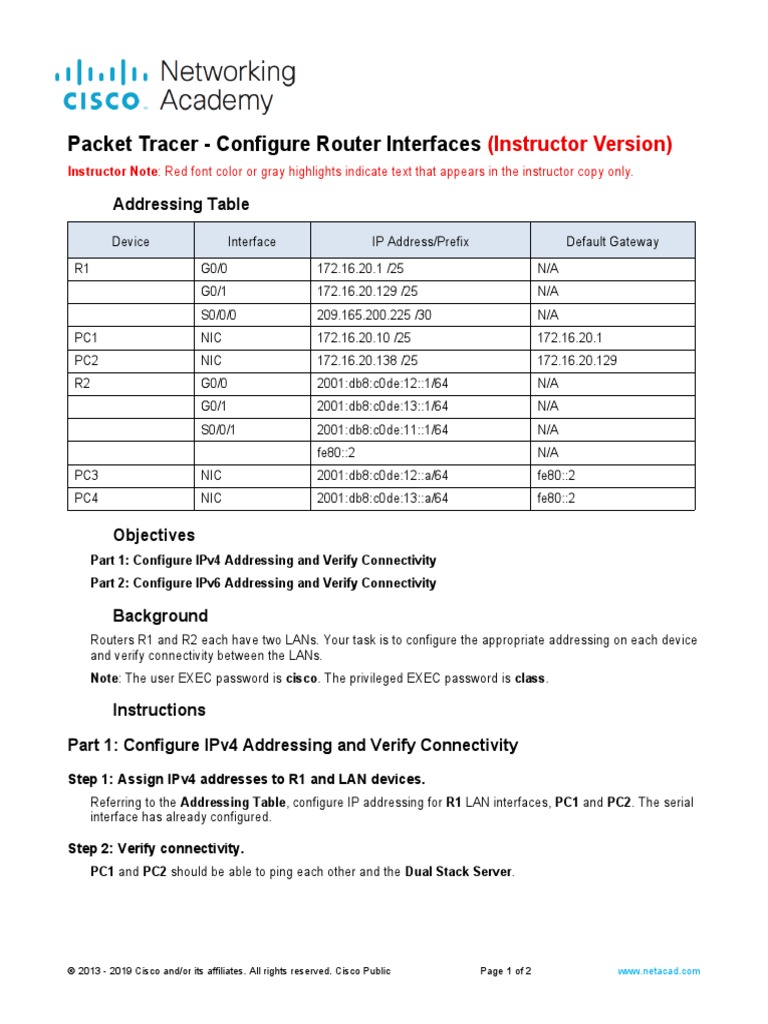 1.4.7 Packet Tracer - Configure Router Interfaces - ILM | PDF | I Pv6 | Ip Address