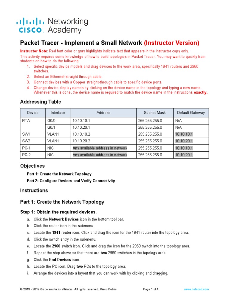 1.6.1 Packet Tracer - Implement A Small Network - ILM | PDF | Router (Computing) | Network Topology