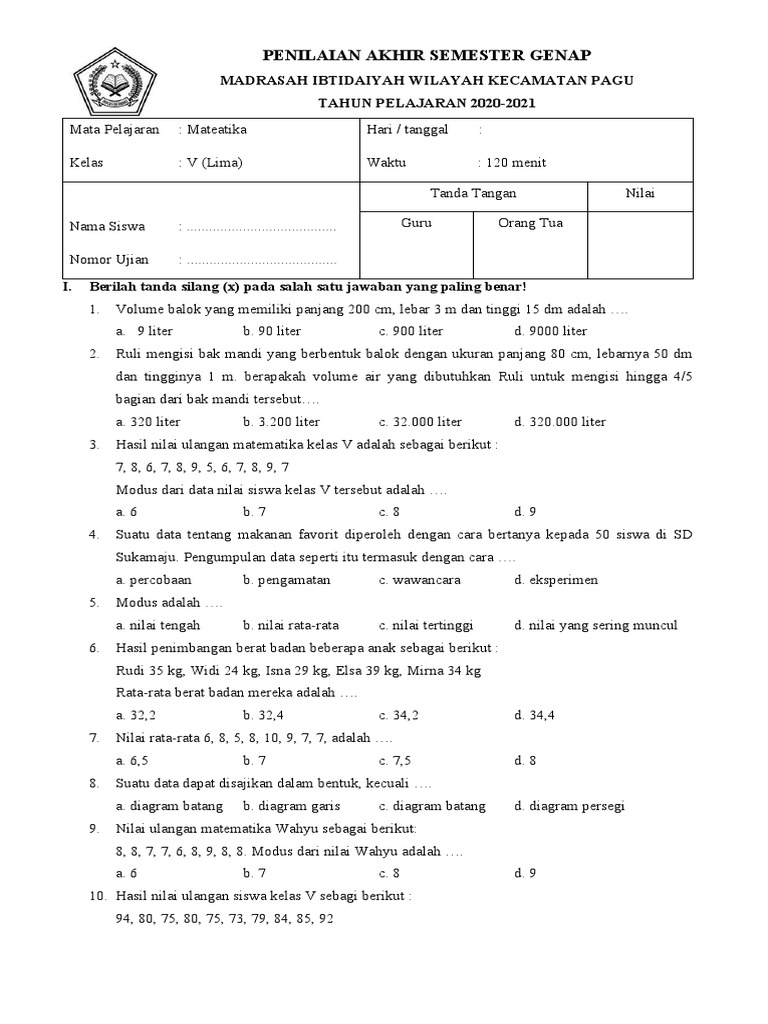 Soal PAT MATEMATIKA Kelas 5 2020-2021 | PDF