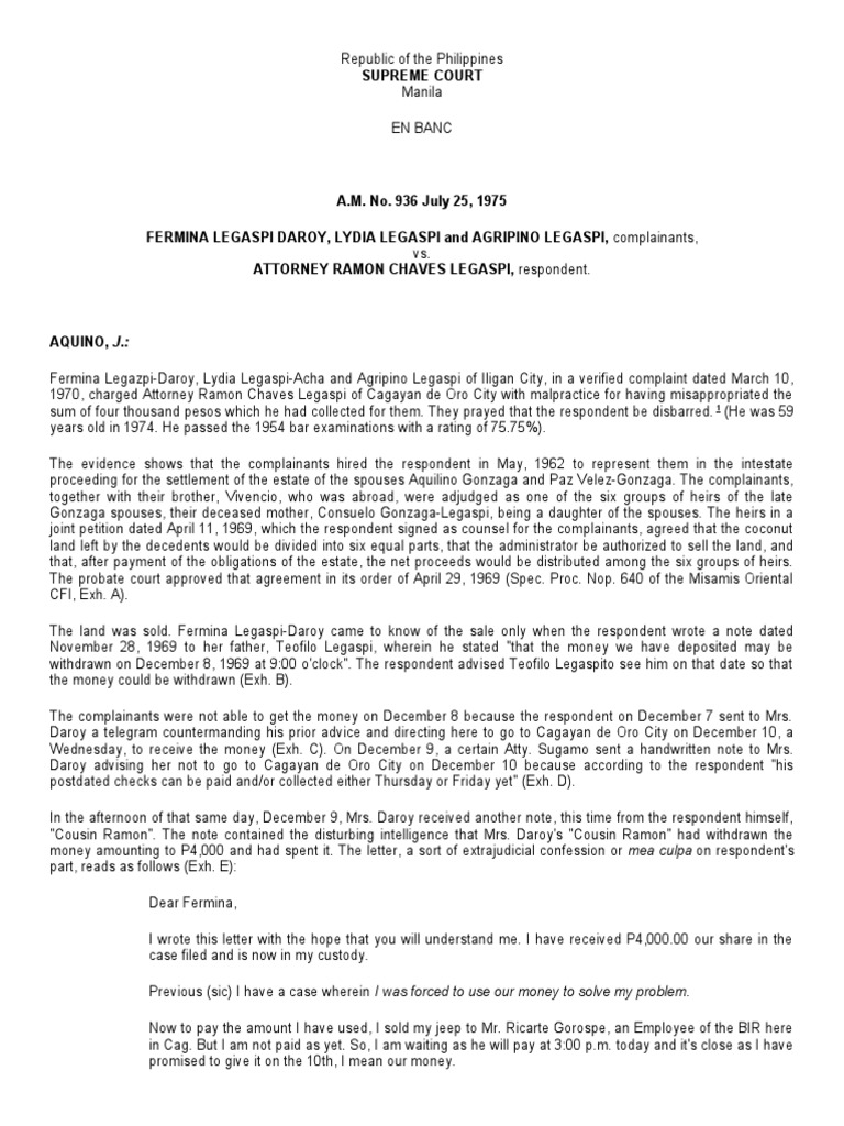 Daroy vs. Legaspi, 65 SCRA 304 | PDF | Fiduciary | Lawyer