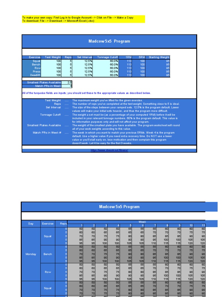 Madcow 5x5 Spreadsheet DR Workout | PDF | Software | Computing