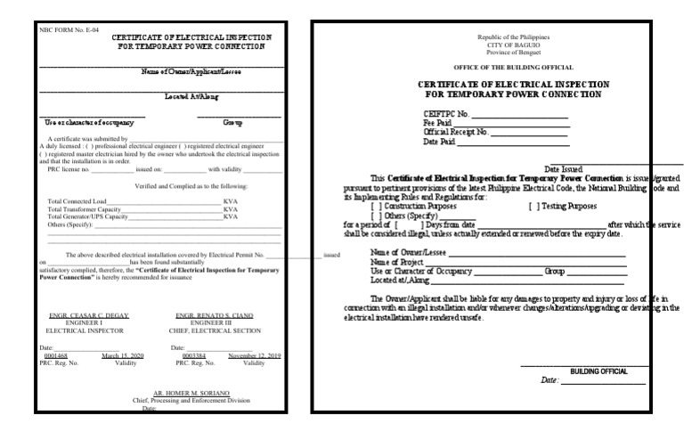 Certificate of Electrical Inspection For Temporary Power Connection ...