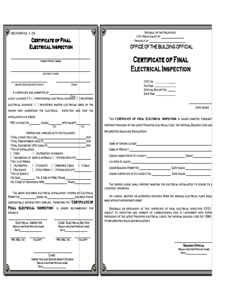 Certificate of Final Electrical Inspection Pasig City of Finalaa Certificate | PDF | Electrical ...