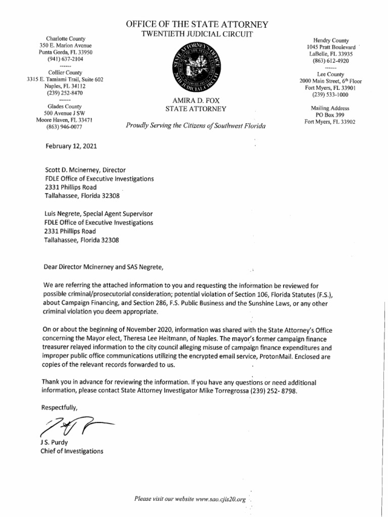 Florida State Attorney's Letter Sent To FDLE Regarding Naples Mayor ...
