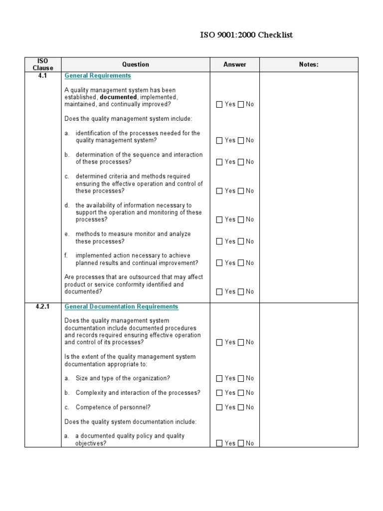 Iso 9001-2000 Checklist | Quality Management System | Verification And ...