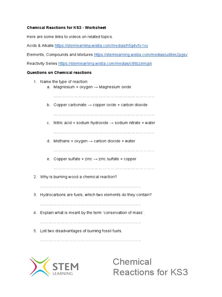 Chemical Reactions For KS3 - Worksheet | PDF | Oxide | Chemical Reactions