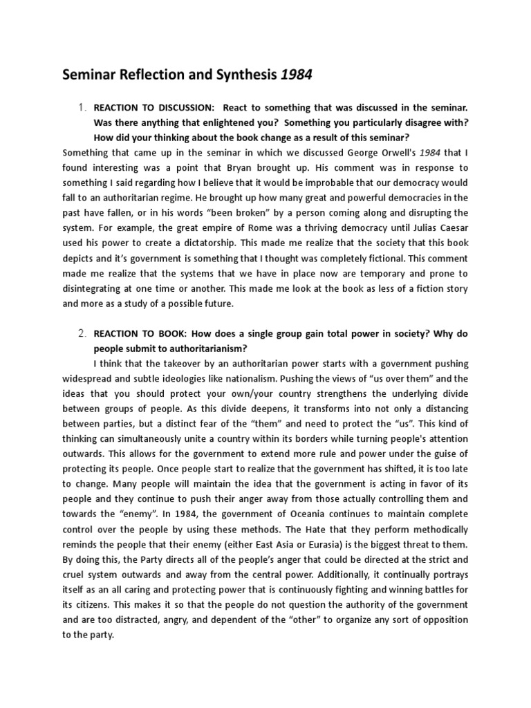 1984 Seminar Reflection | PDF | Authoritarianism | Political Science