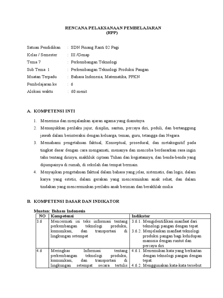 RPP Kelas 3 TEMA 7 SUB TEMA 1 PB 6 | PDF