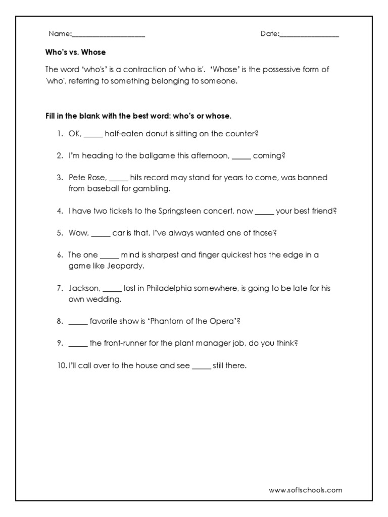 Whos Vs Whose Worksheet | PDF