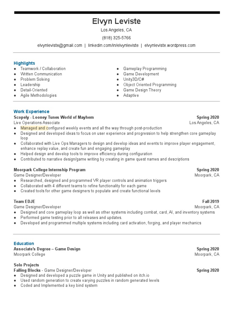 Elvyn Game Design Resume | PDF | Computing