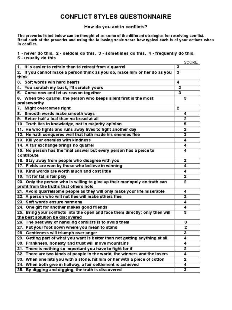 Conflict Styles Questionnaire Analysis | PDF | Conflict Resolution ...