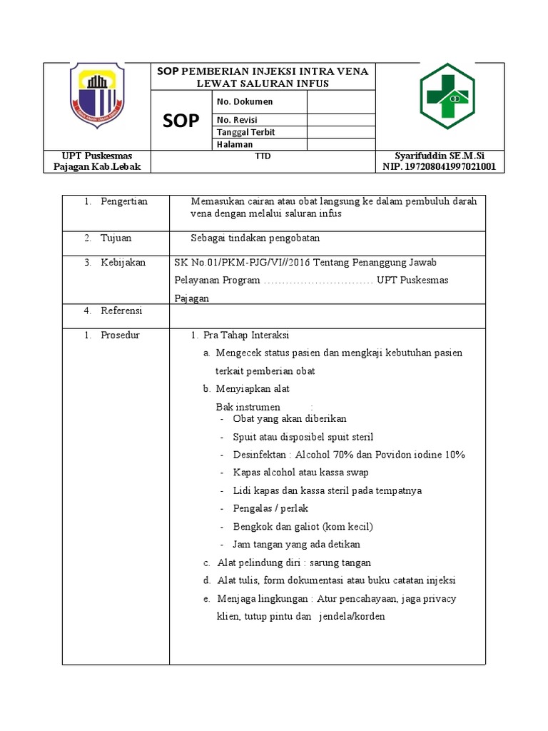 Sop Pemberian Injeksi Intra Vena Lewat Saluran Infus | PDF