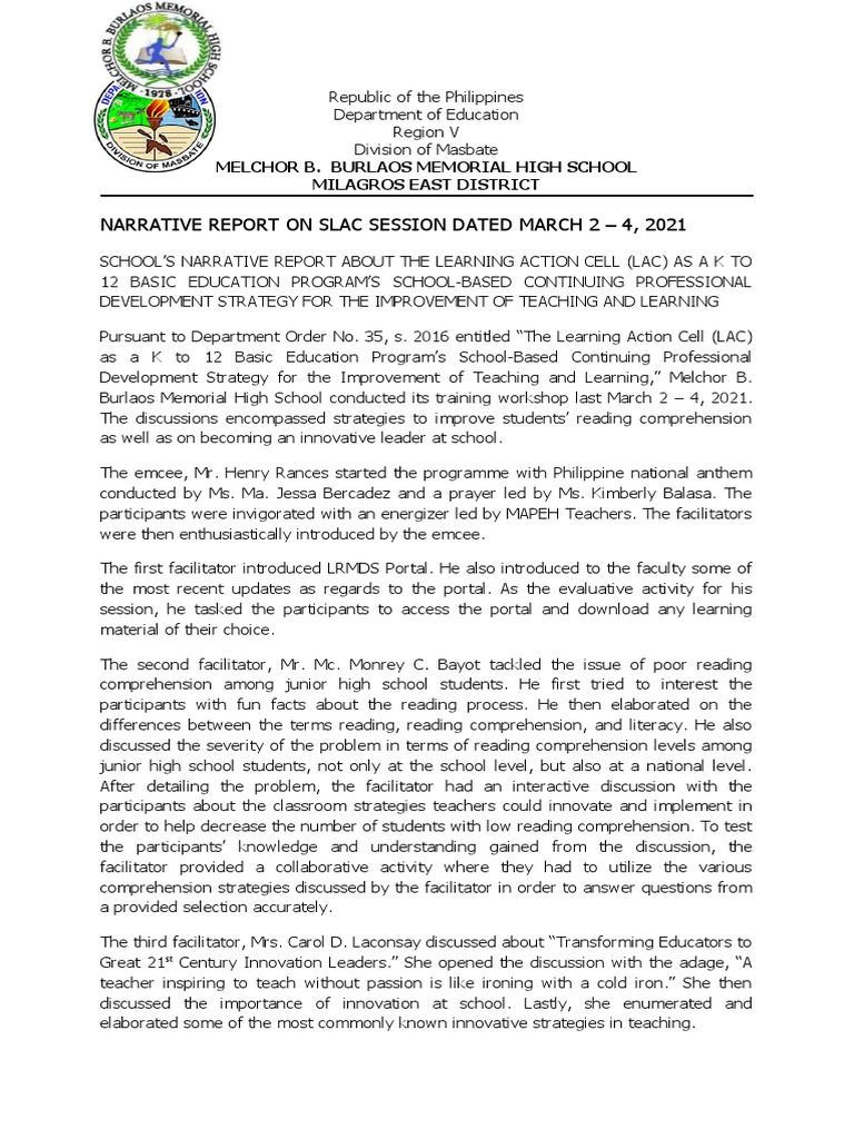 Narrative Report On Slac | PDF | Reading Comprehension | Facilitator