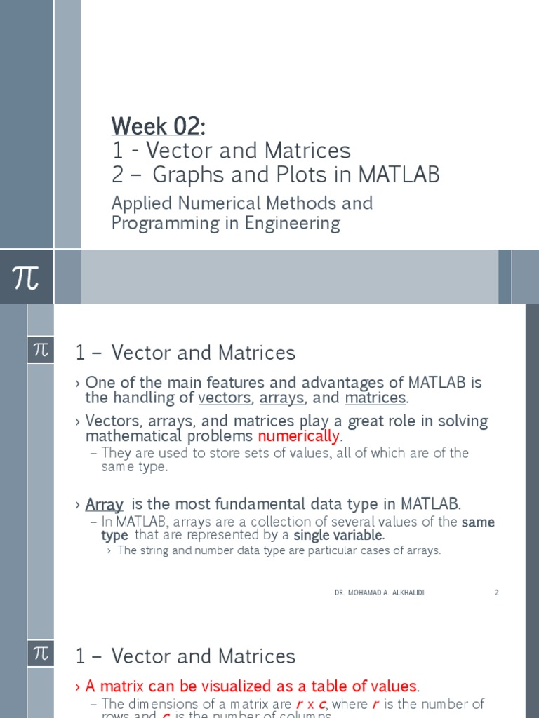 Week 02: 1 - Vector and Matrices 2 - Graphs and Plots in MATLAB | PDF | Matrix (Mathematics ...