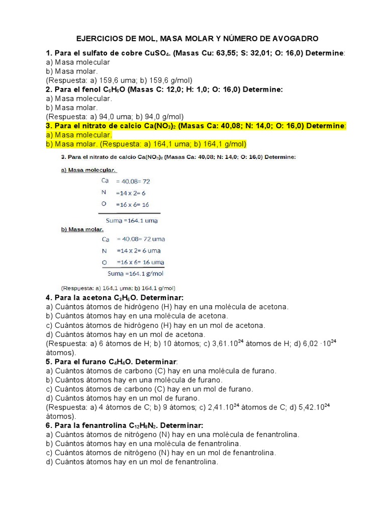 Ejercicios de Mol | PDF | Mole (Unidad) | Química