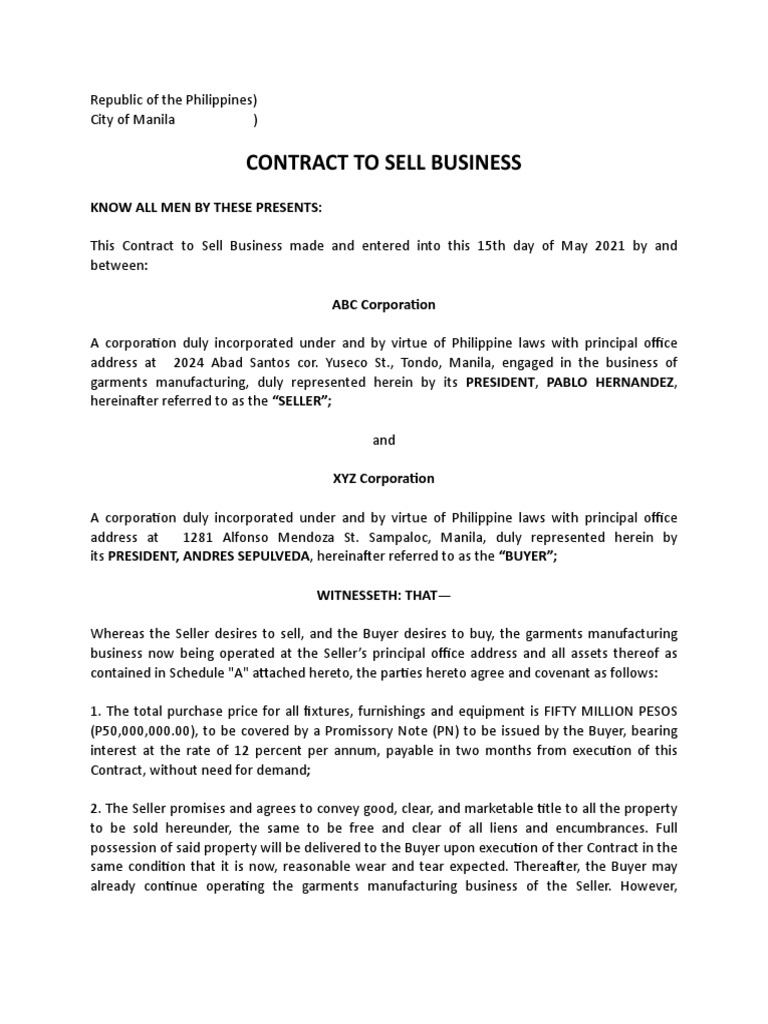 Contract To Sell Business | PDF | Deed | Sales