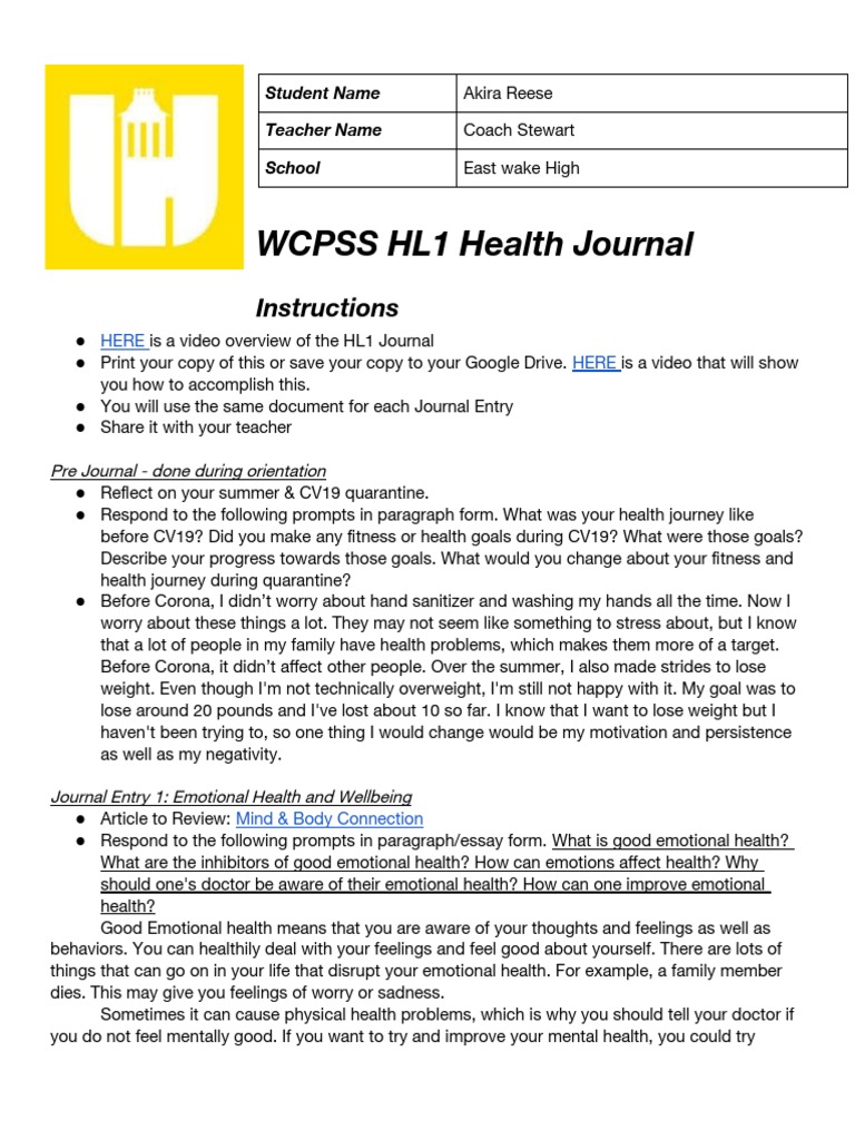 WCPSS HL1 Health Journal: Instructions | PDF | Obesity | Mental Health