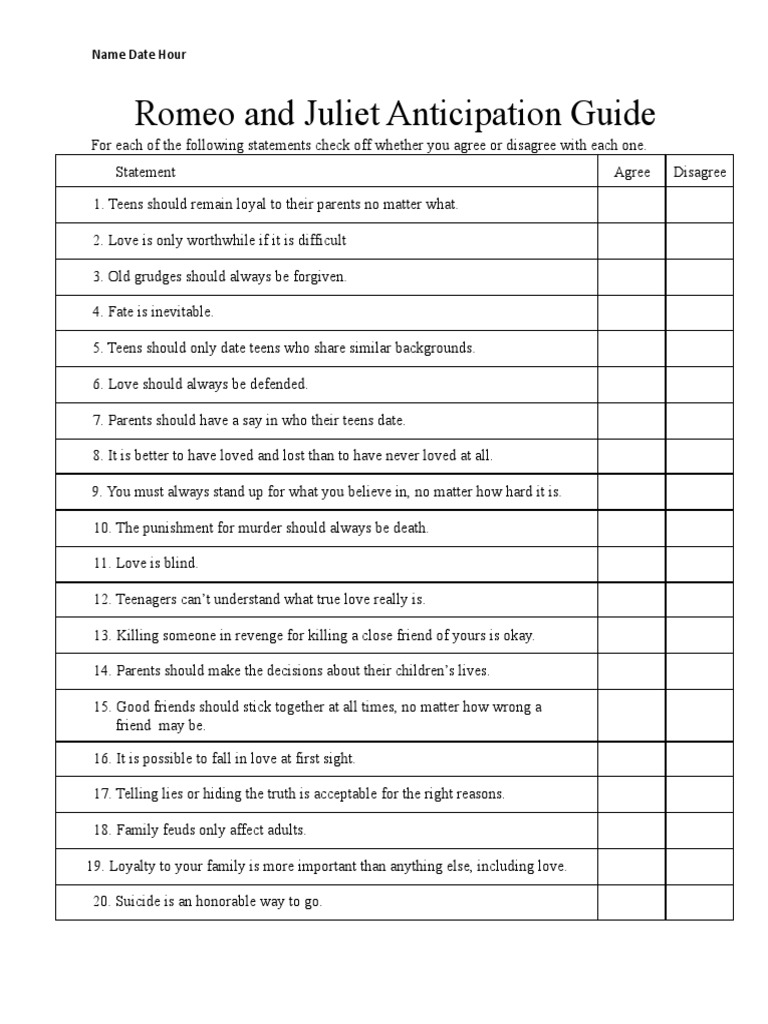 Romeo and Juliet Anticipation Guide | PDF | Adolescence | Question
