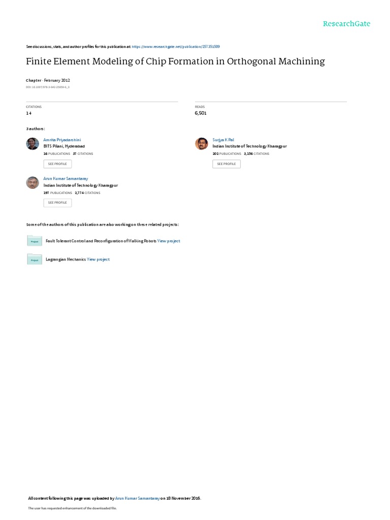 Finite Element Modeling of Chip Formation in Orthogonal Machining | PDF | Continuum Mechanics ...