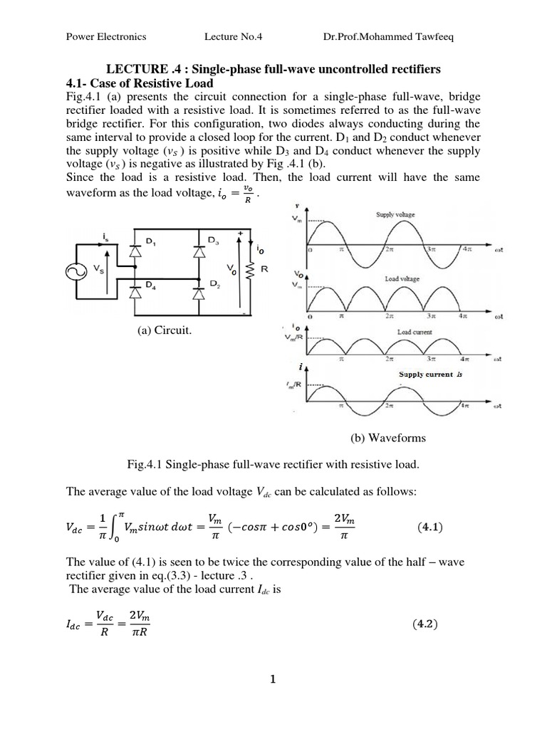 LECTURE .4: Single-Phase Full-Wave Uncontrolled Rectifiers 4.1-Case of Resistive Load | PDF ...