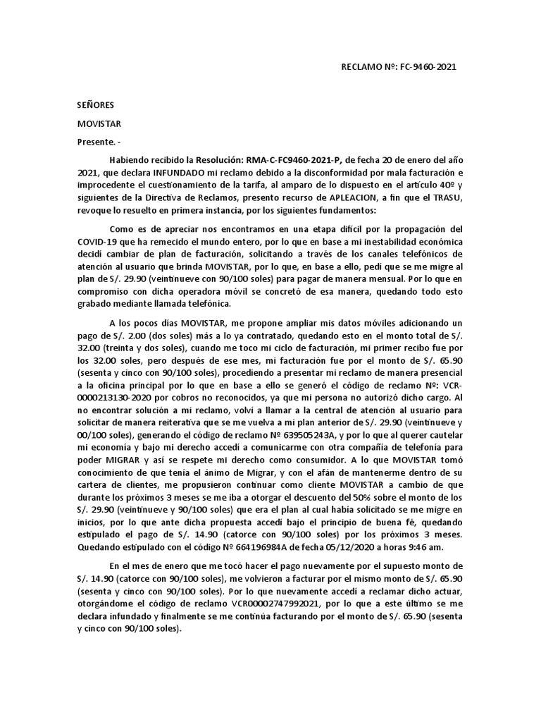 Escrito de Apelacion de Reclamacion Ante Osiptel | PDF