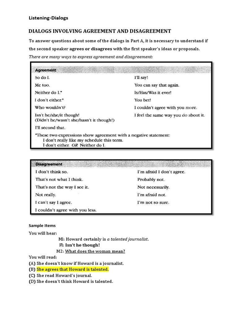 Listening-Dialogs Dialogs Involving Agreement and Disagreement | PDF ...