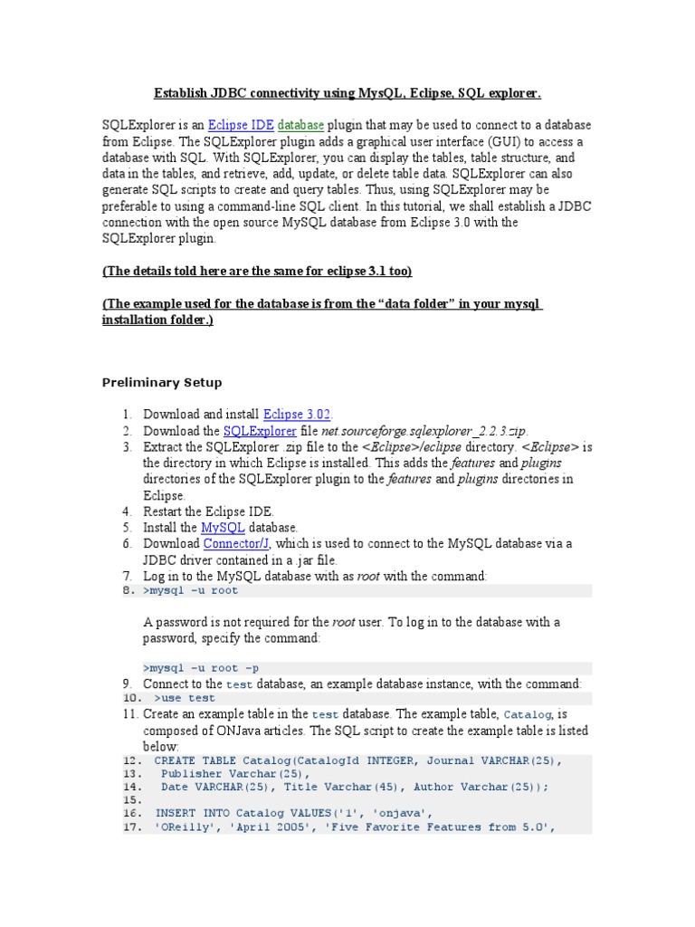 Establish JDBC Connectivity Using Mysql, Eclipse, SQL Explorer | Download Free PDF | My Sql ...
