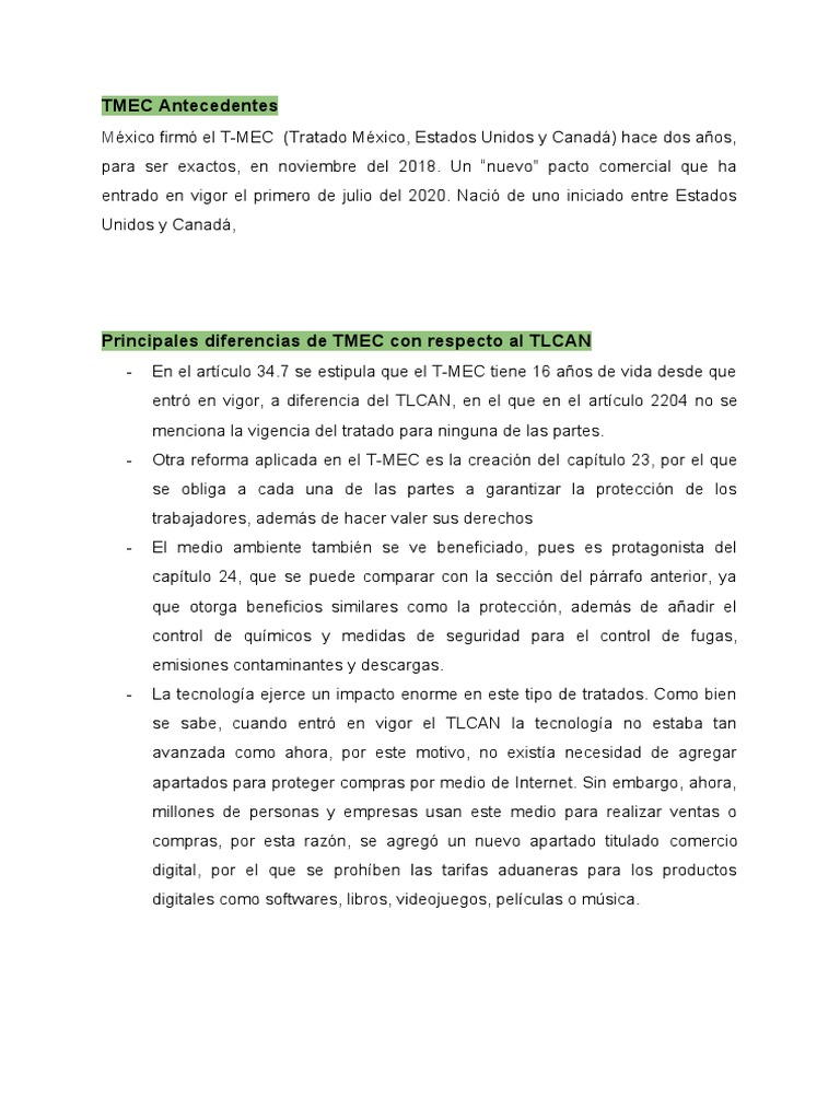 Diferencias entre TLCAN y TMEC | PDF | México | Tratado de Libre ...