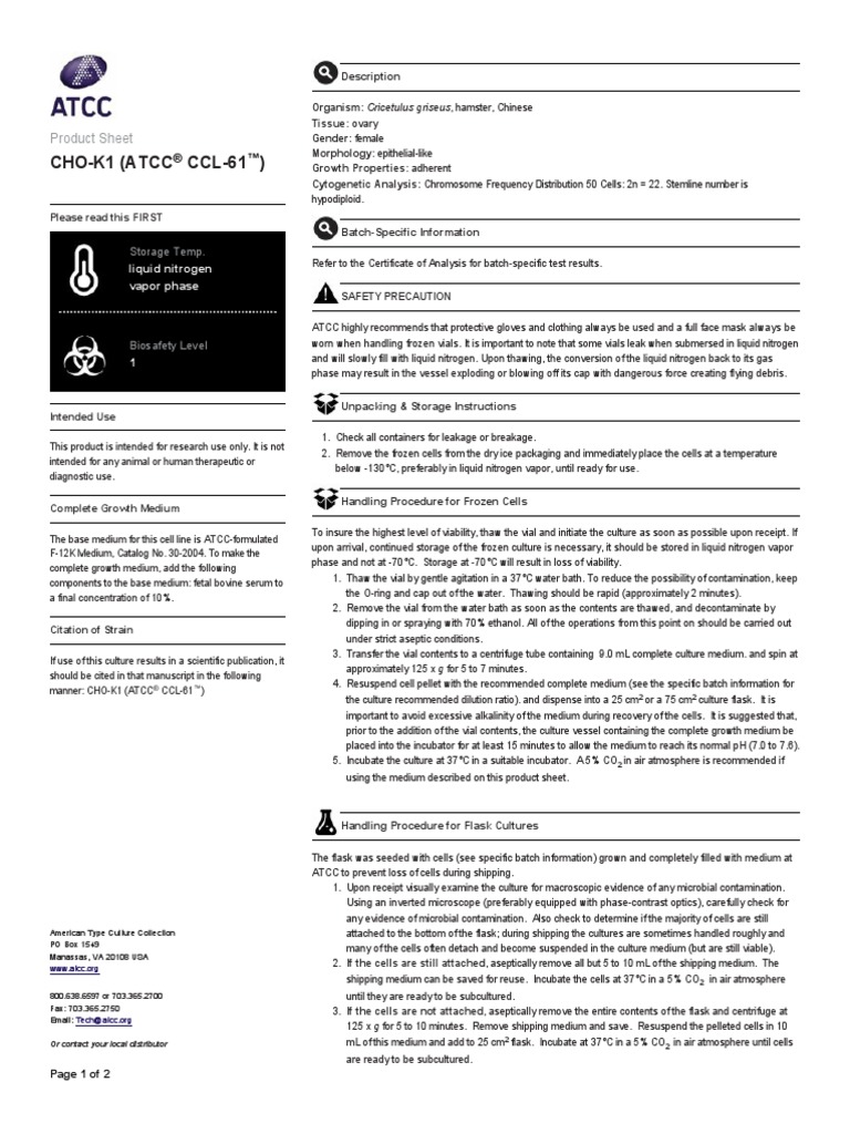 Cho K1 (Atcc CCL 61) : Product Sheet | PDF | Atcc (Company) | Cell Culture