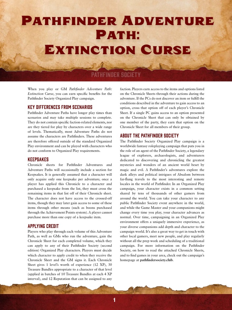 PF 2E - Extinction Curse Adventure Path - PFS Chronicle Sheets | PDF ...