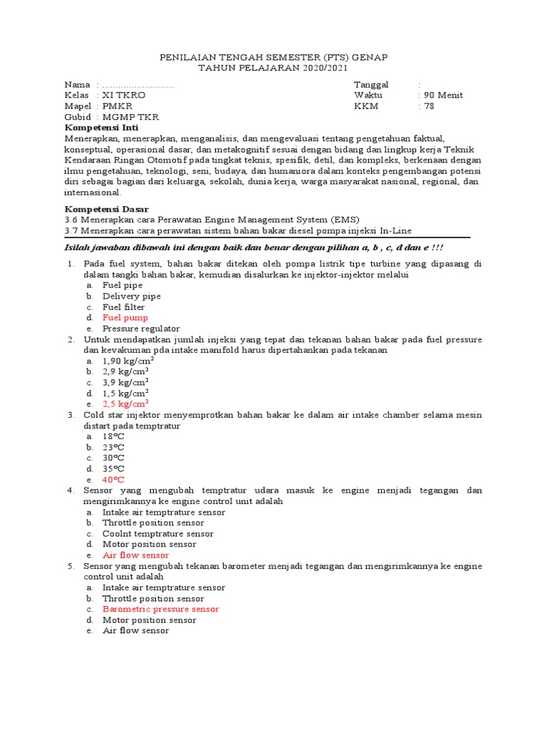 Soal PTS PMKR Kelas Xi Tkro Tahun Pelajaran 2020 | PDF
